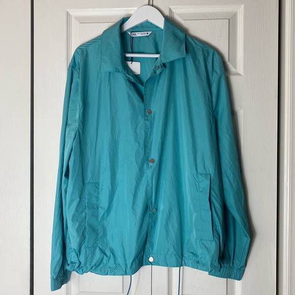 Zara | Jackets & Coats | Zara Teal Drawstring Windbreaker Jacket | Poshmark